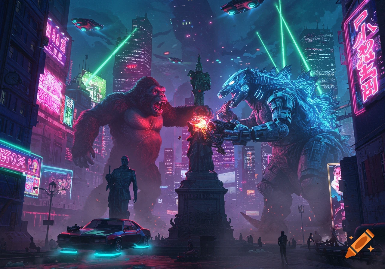 Mechanic King Kong glowing red fights glowing blue Godzilla in a neon ...