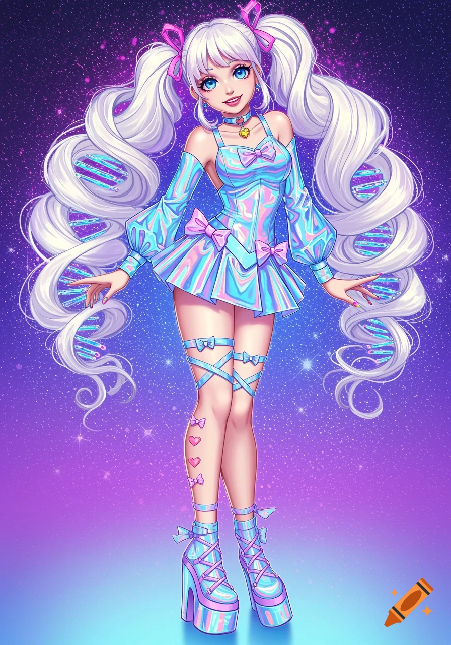 Vibrant anime girl with long white DNA-like pigtails, blue eyes ...