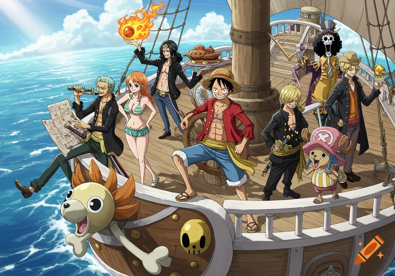 The Straw Hat Pirates from One Piece standing on the deck of their ship ...