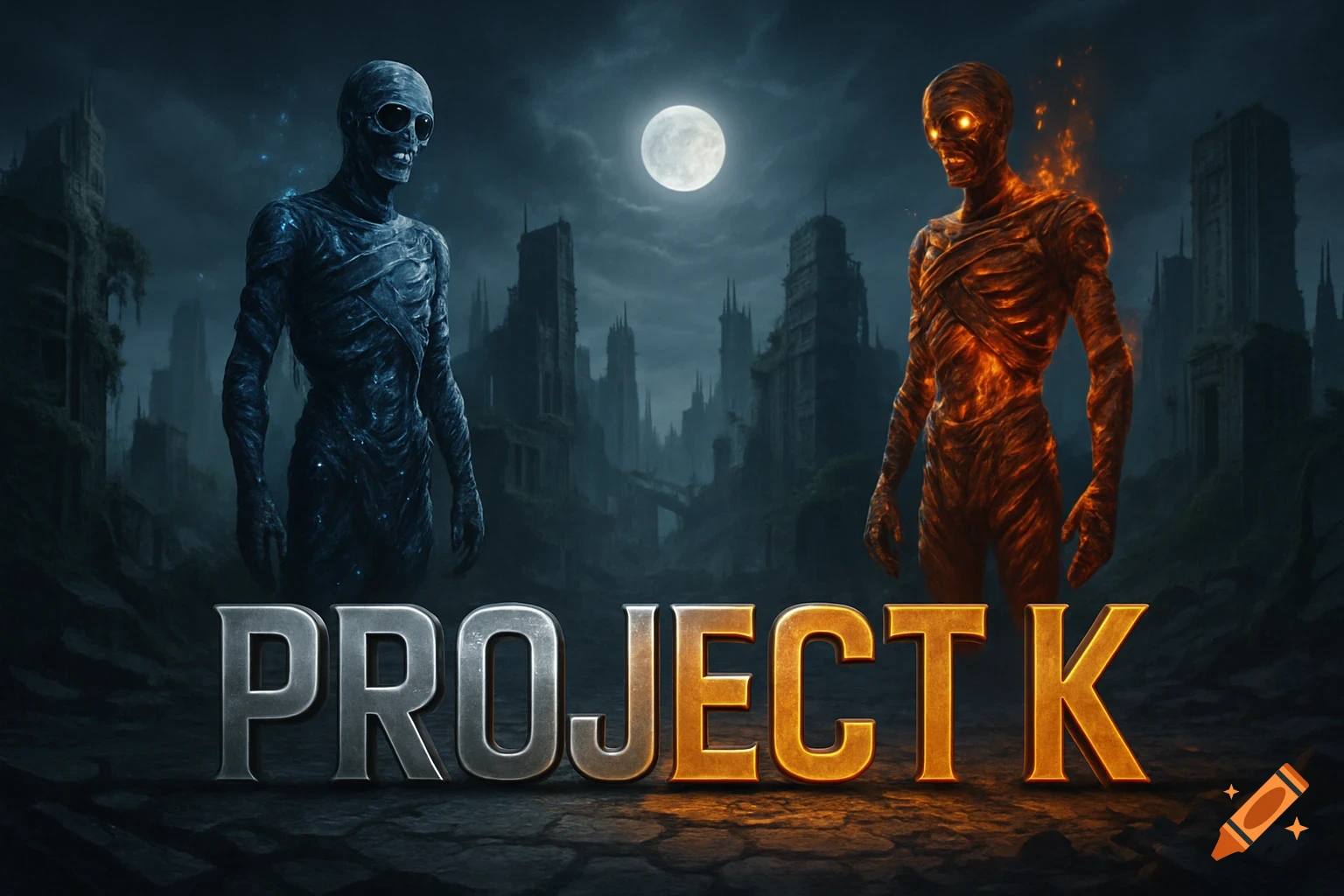 Two skeletal figures, one blue and one fiery, stand by a large 'PROJECT ...