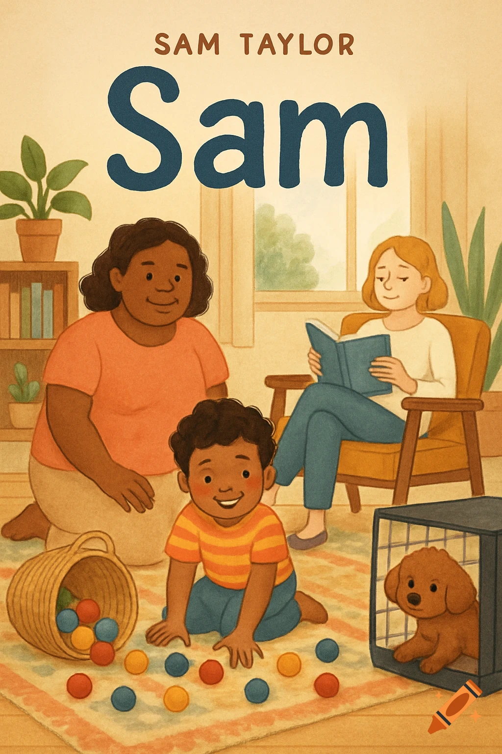 Illustrated book cover titled 'Sam' by Sam Taylor. A young boy plays ...