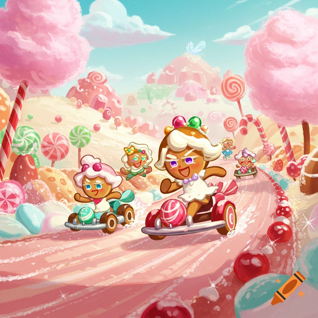 A cartoon gingerbread man stands in a vibrant candy land with lollipop ...