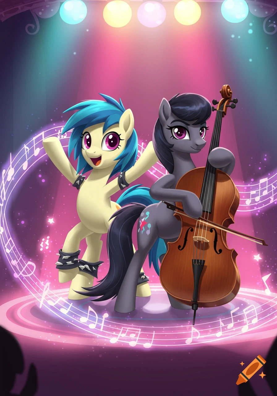 Two cartoon ponies, Vinyl Scratch and Octavia Melody, on stage with ...