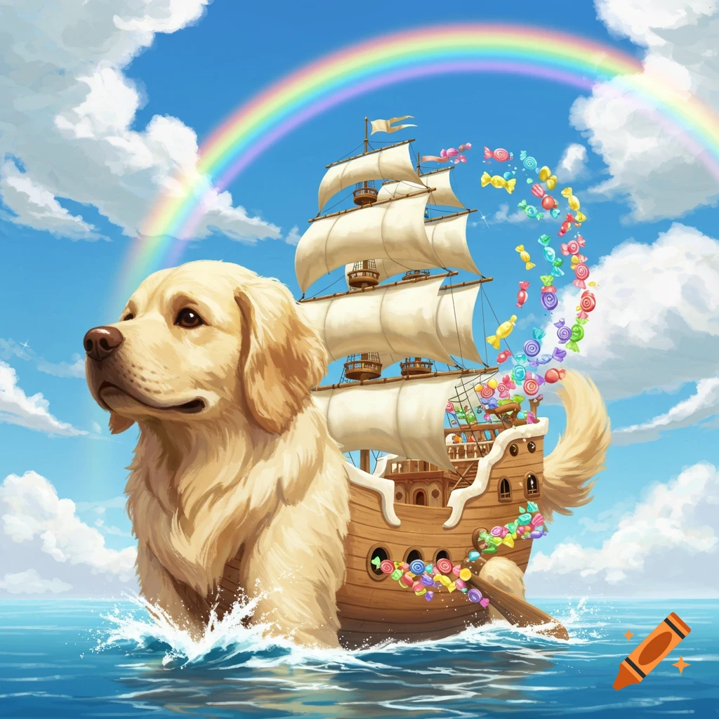 A whimsical illustration of a golden retriever dog-ship sailing on the ...