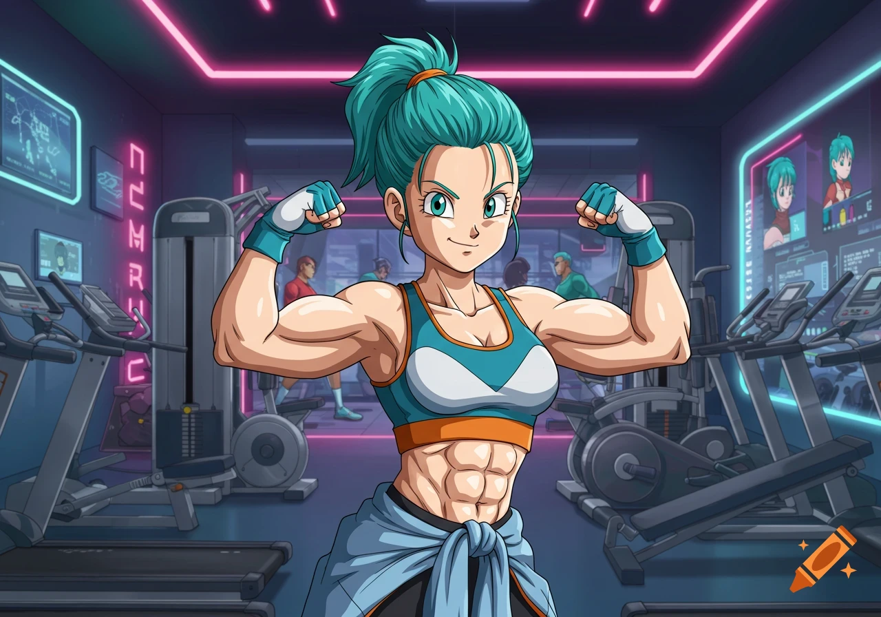 Anime character Bulma from Dragon Ball Z flexing her biceps and abs in ...