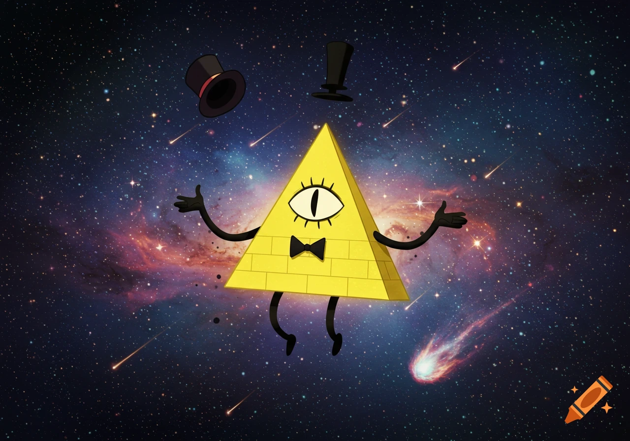 Bill Cipher, a yellow triangular character with one eye, top hat, and ...