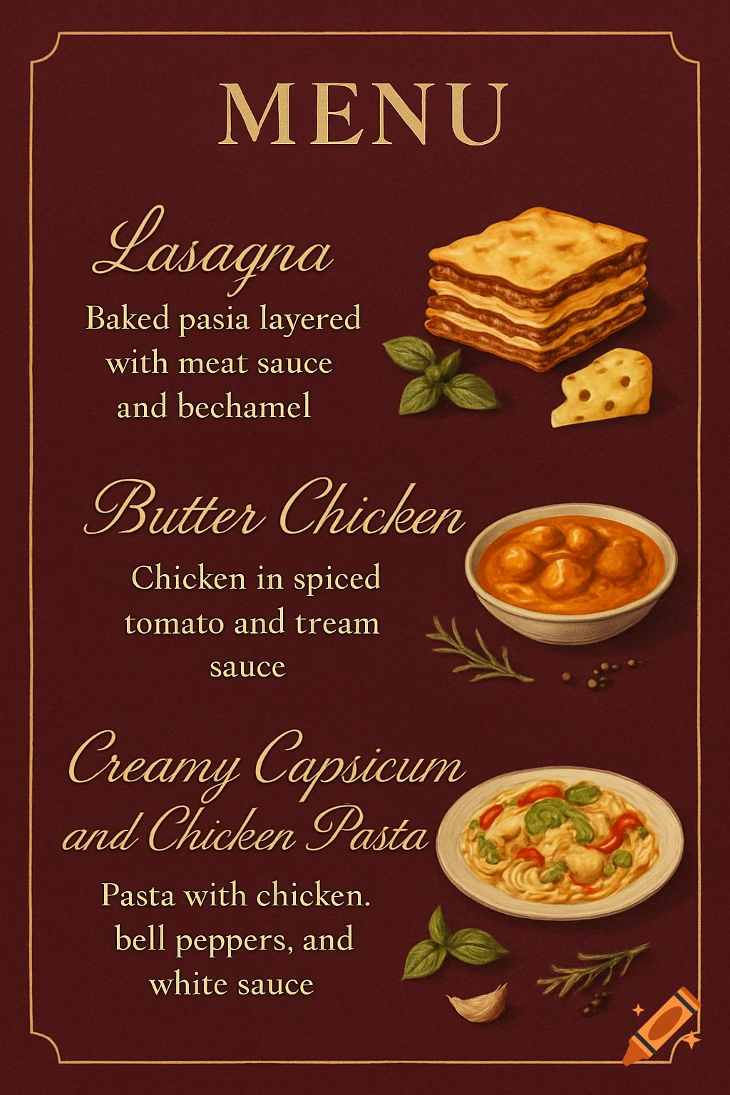 A vintage-style restaurant menu on a dark red background with gold text ...