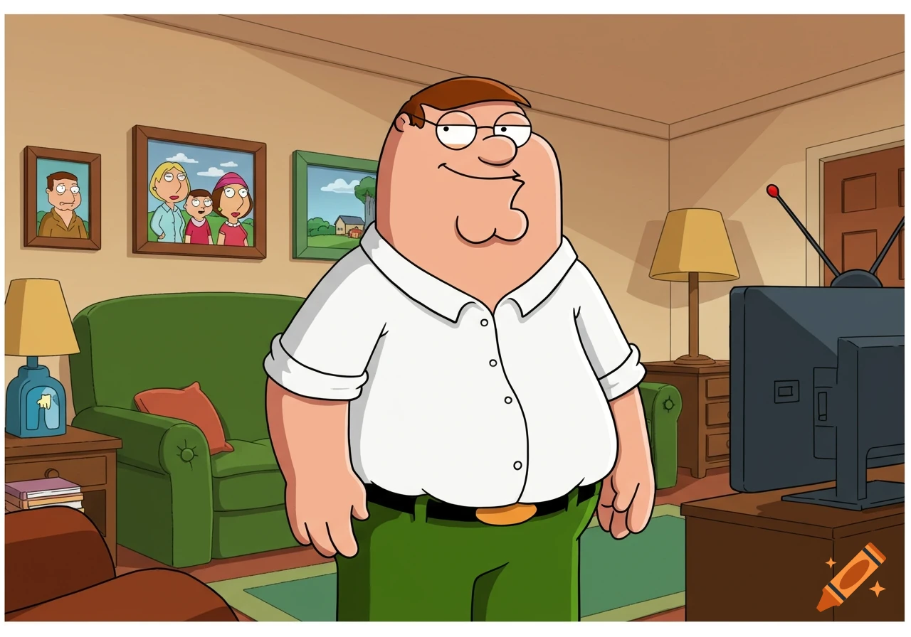 Peter Griffin, the cartoon character, stands in a suburban yard holding ...