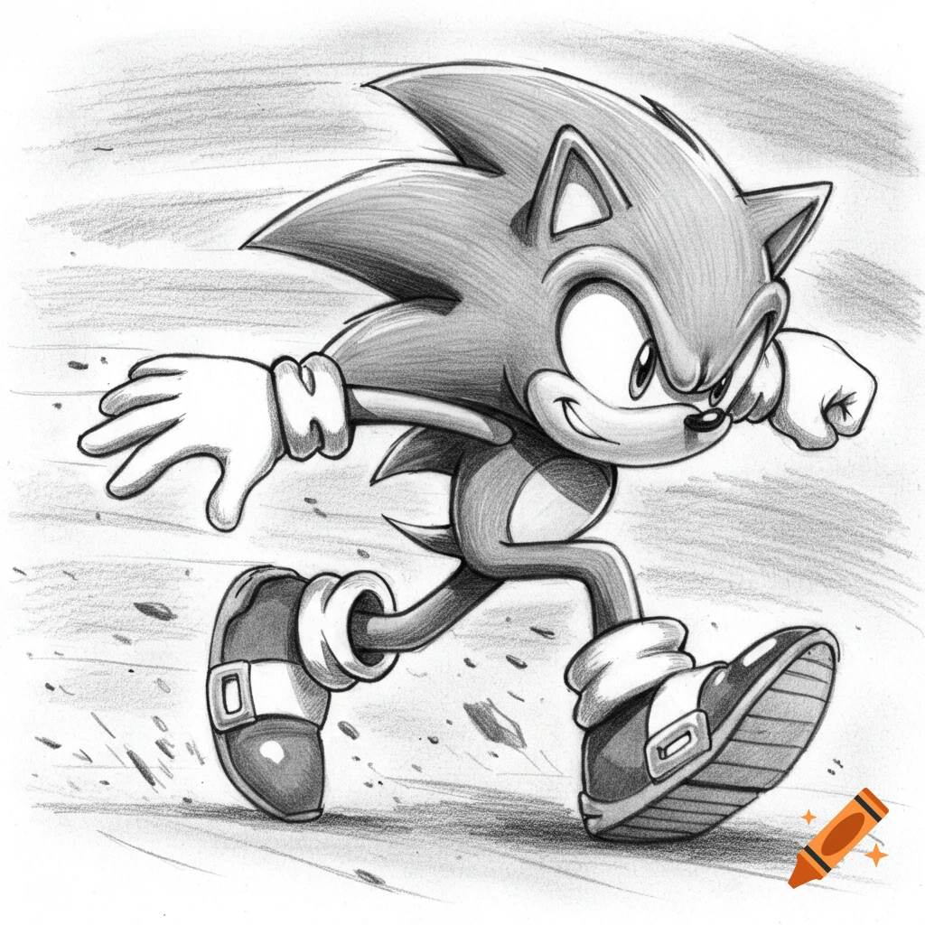 Black and white pencil sketch of Sonic the Hedgehog running in a ...