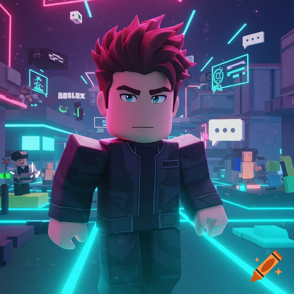 A Roblox-style character with red spiky hair and a dark jacket stands ...