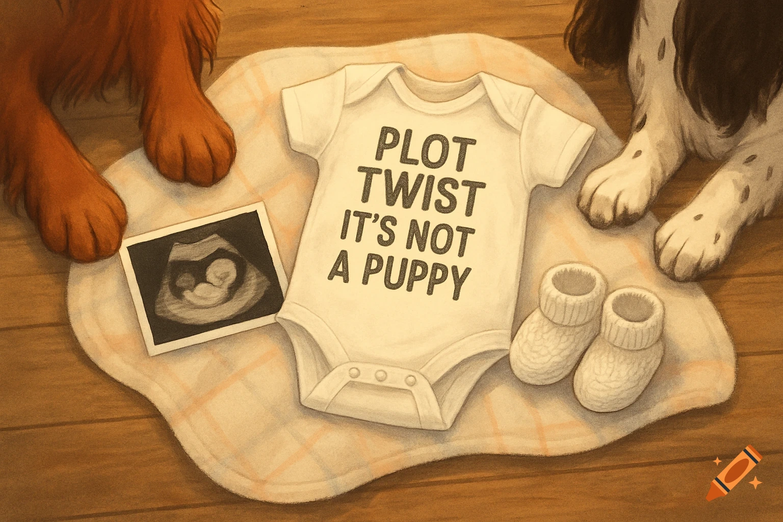 Illustrated pregnancy announcement with a baby onesie saying 'PLOT ...