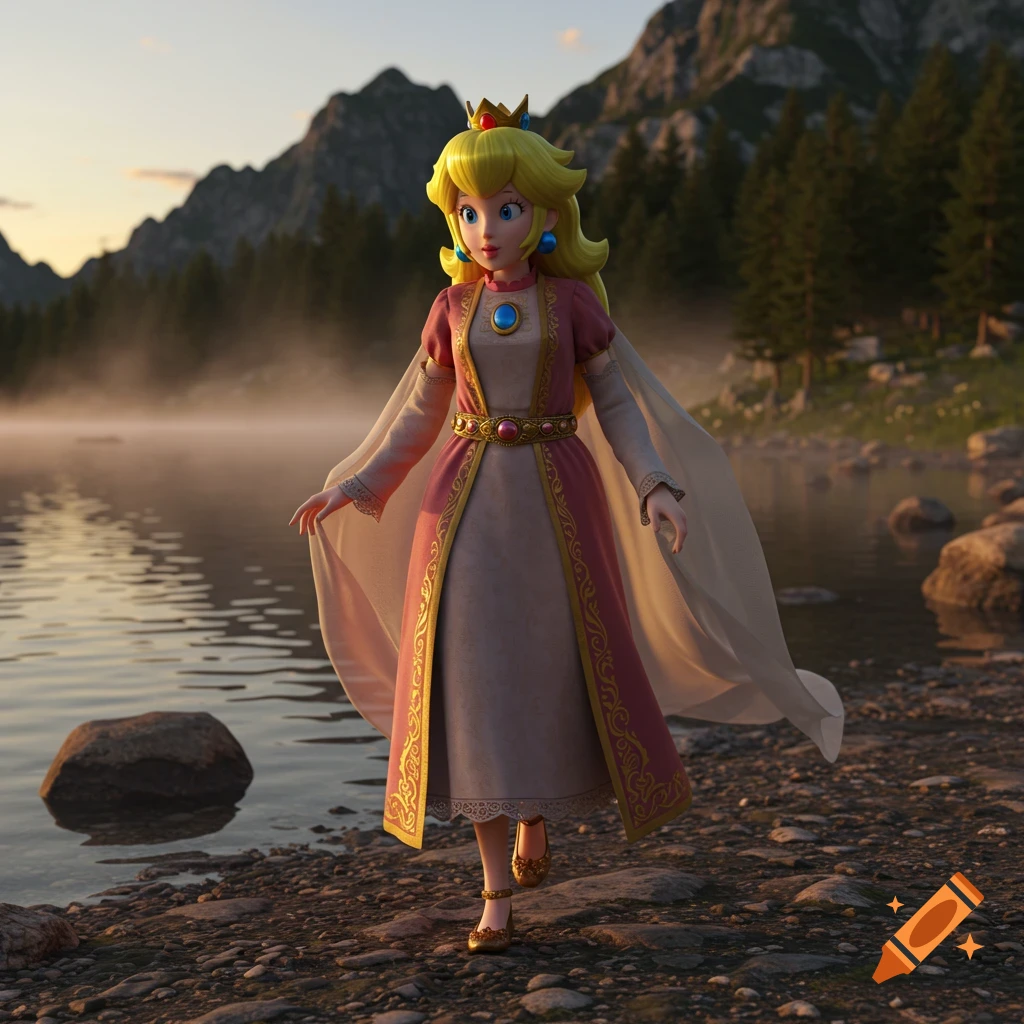 Princess Peach in an elaborate gown walking by a misty mountain lake at ...