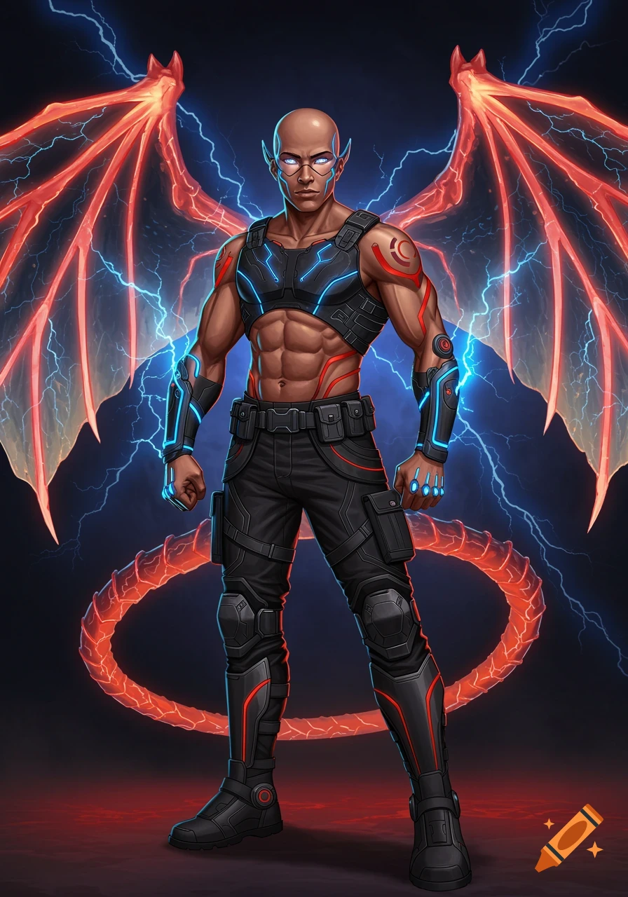 An anime-style male hero with a bald head, red dragon wings, and ...