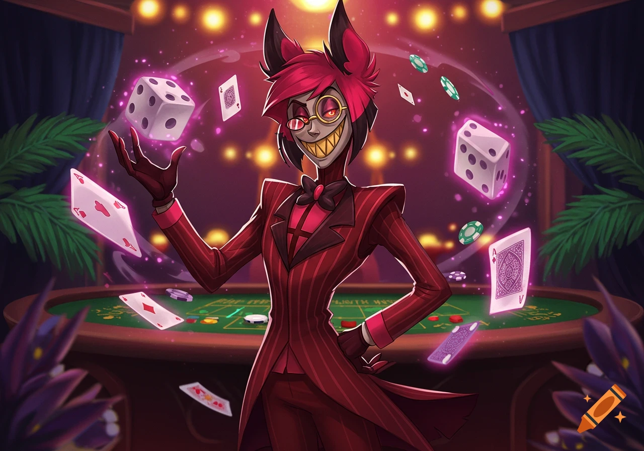 A red-skinned demoness with long white hair, horns, and sharp teeth ...