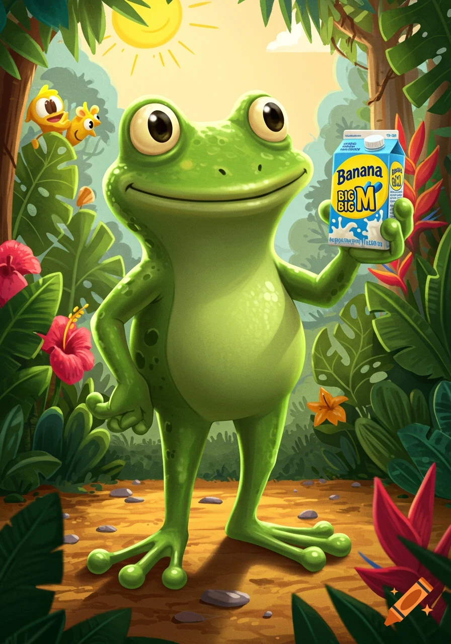 A happy cartoon frog stands in a vibrant jungle, holding a blue and ...