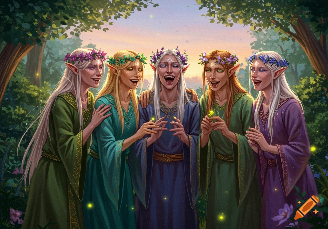 Five happy elves with flower crowns laughing in a sunlit forest ...