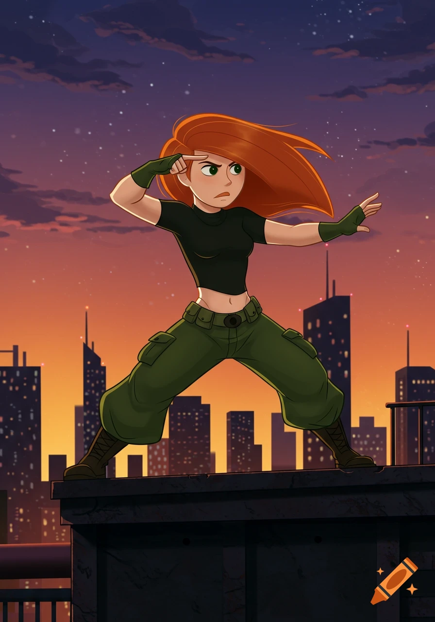 Cartoon style illustration of Kim Possible in a black suit and boots ...