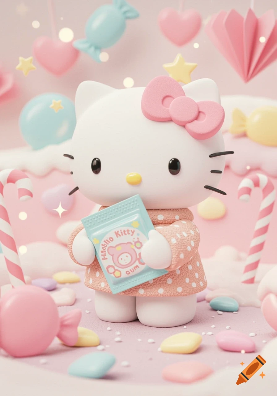 A 3D render of Hello Kitty holding a gum packet, surrounded by pastel ...