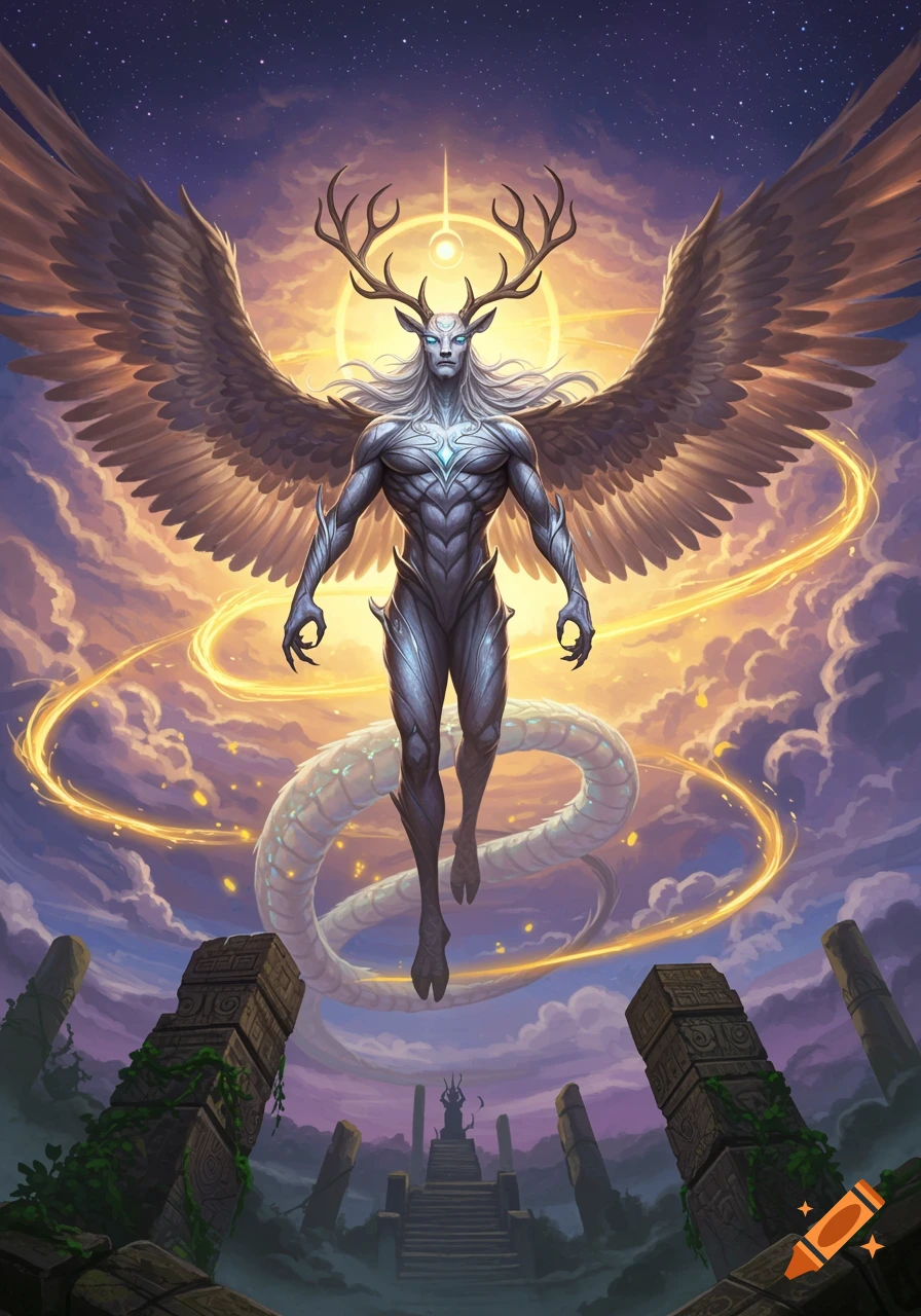 A majestic fantasy god with wings and antlers floats above ancient ...
