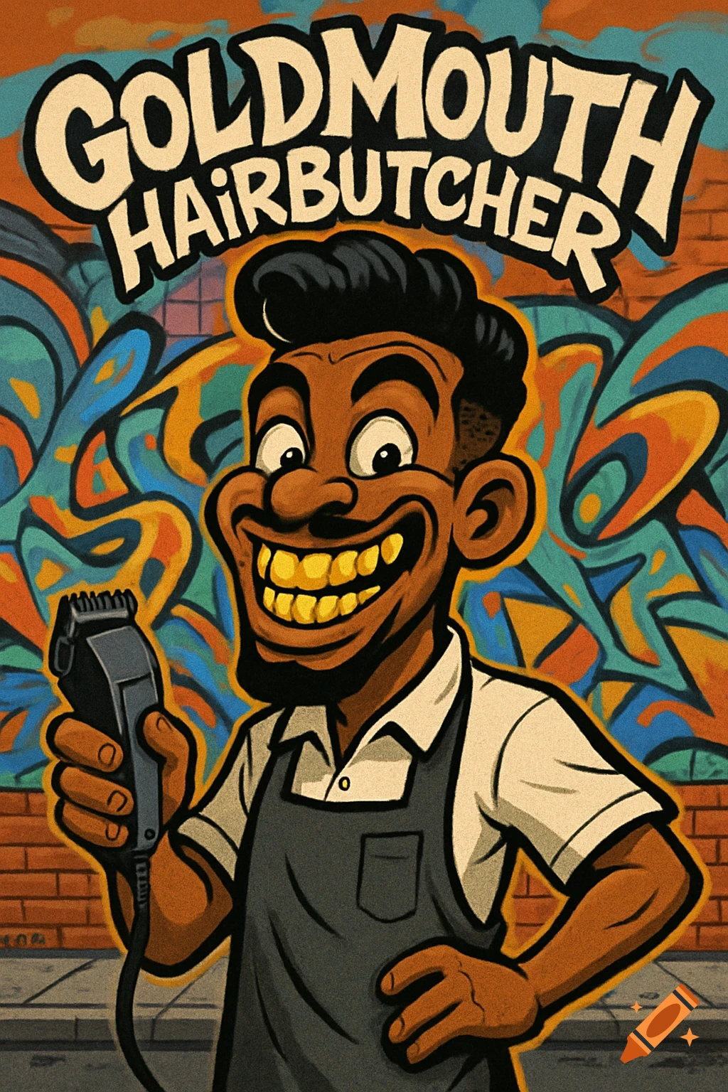 A cartoon-style barber with gold teeth and clippers stands in front of ...
