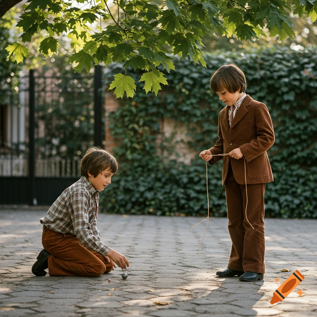 Two boys in vintage clothing play marbles on a paved path under a tree ...