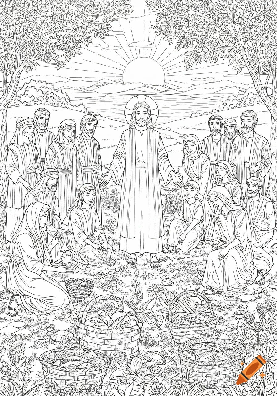 Line art illustration of Jesus and disciples in a field with baskets of ...