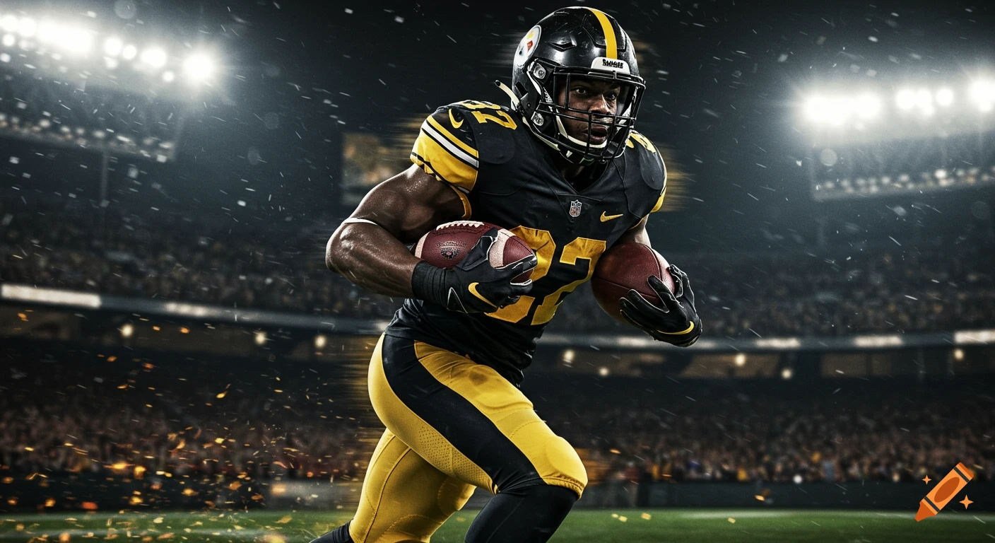 A powerful football player in black and yellow uniform runs with the ...