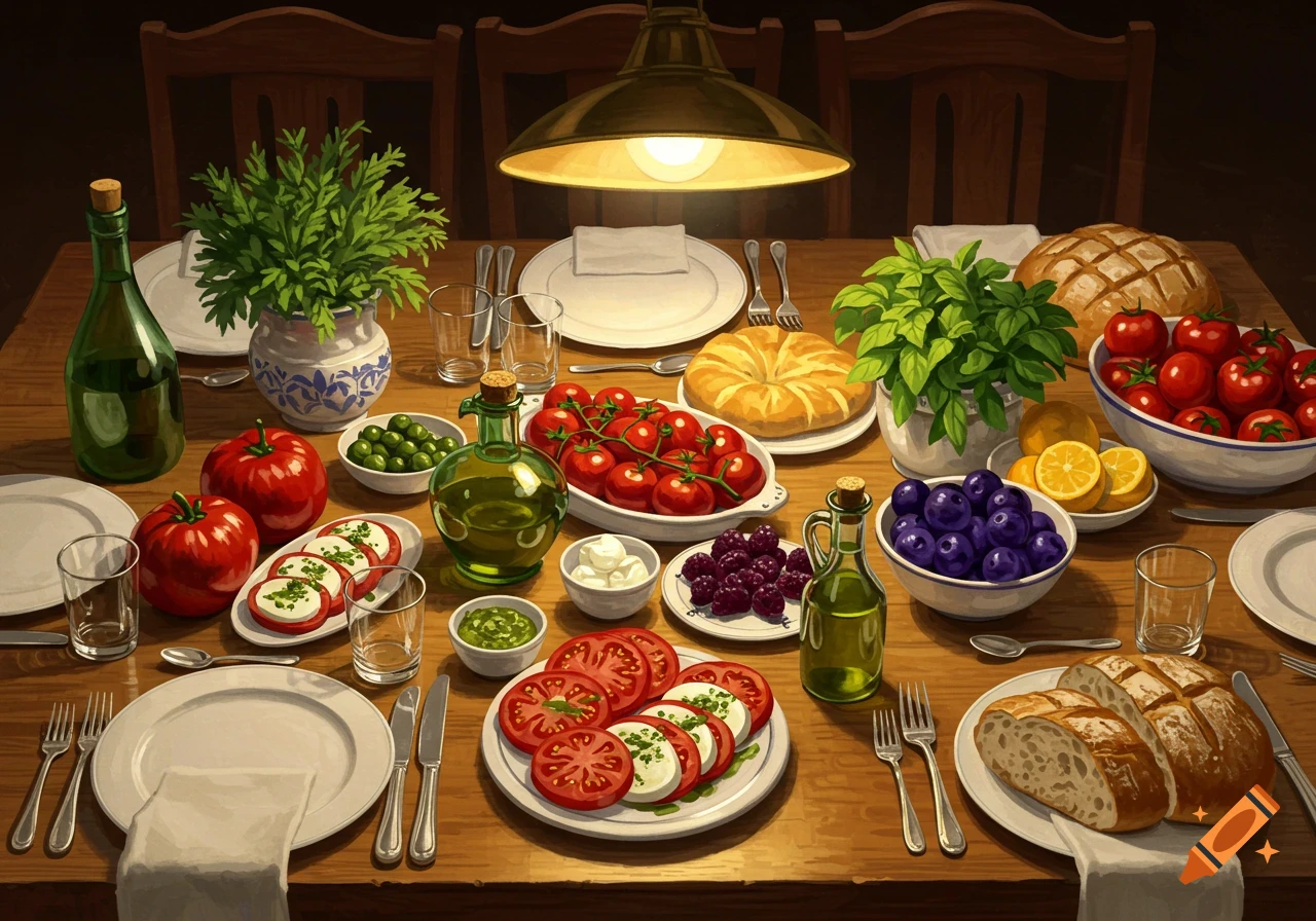A rustic dining table richly set with a variety of Mediterranean foods ...