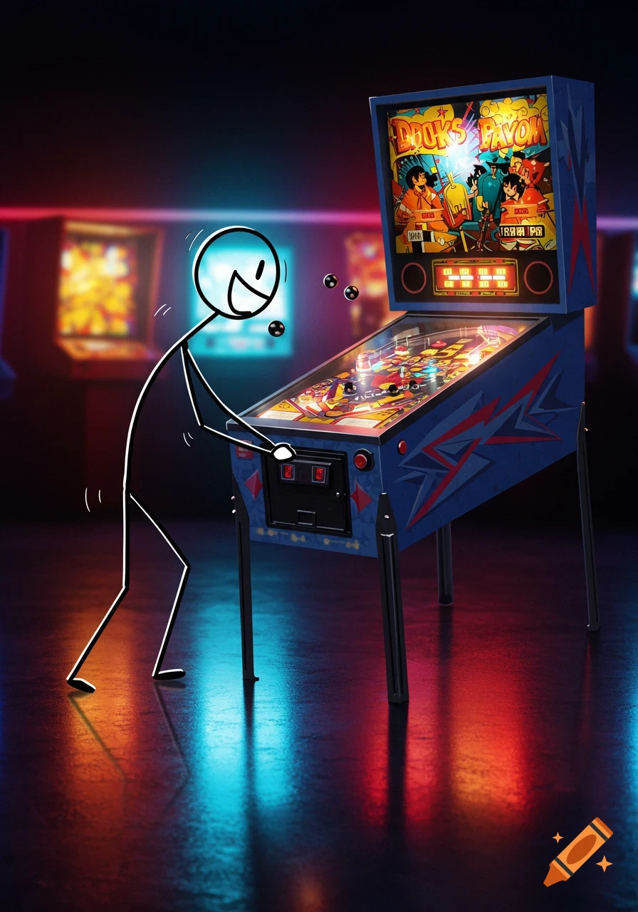 A happy stick figure plays a pinball machine in a dark, neon-lit arcade ...
