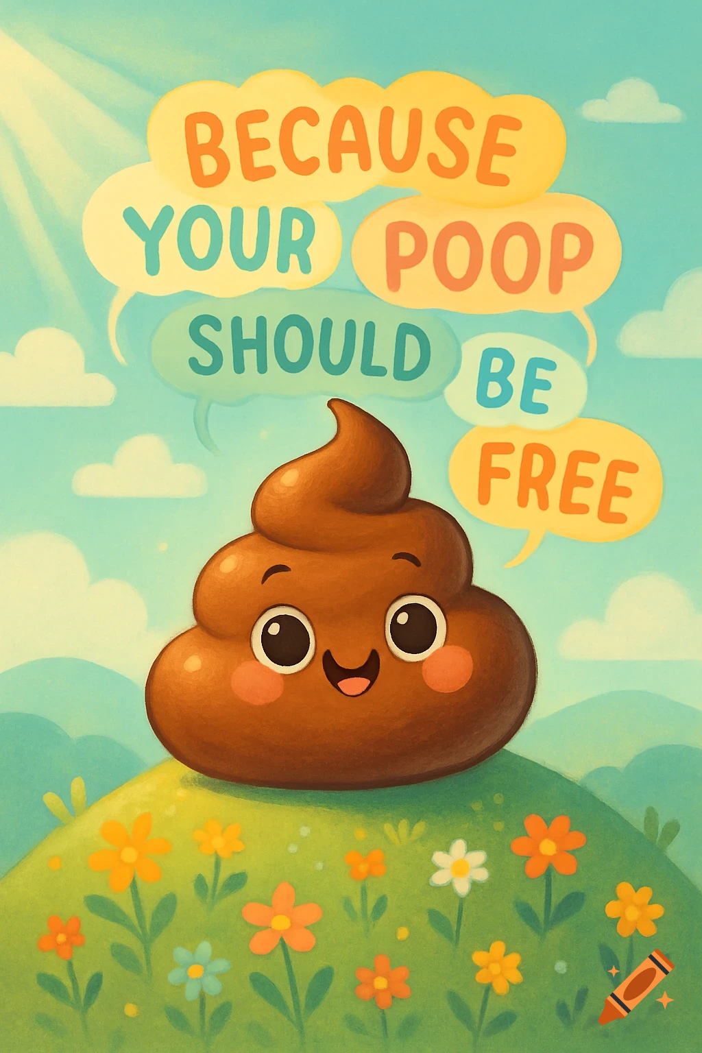 A cute cartoon poop character on a hill with flowers, with speech ...