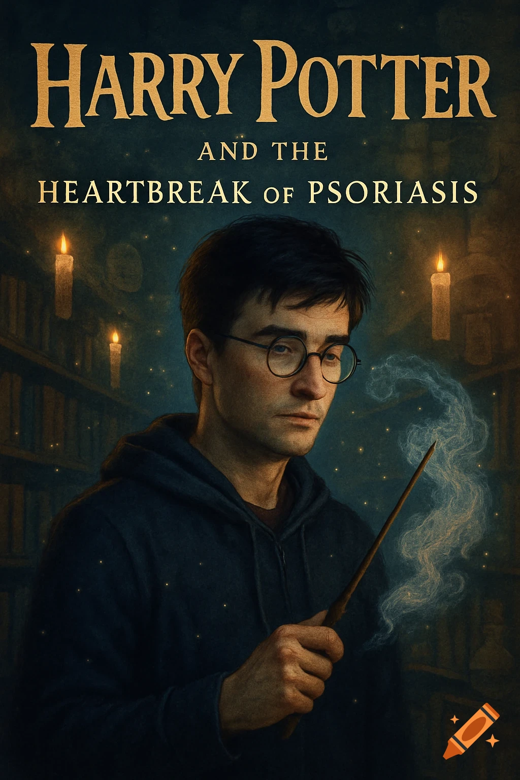 Book cover: Harry Potter holding a wand in a dark library. Title: Harry ...