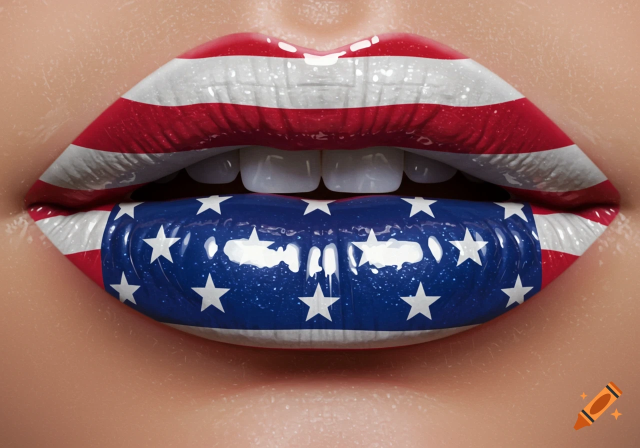 Close-up of glossy human lips painted like the American flag, with red ...