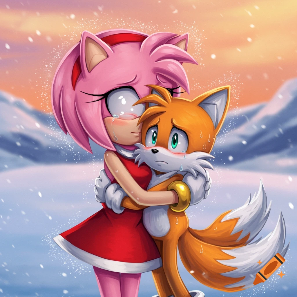 Knuckles the Echidna comforts a crying Tails with a hug in a grassy field under a sunset sky ...
