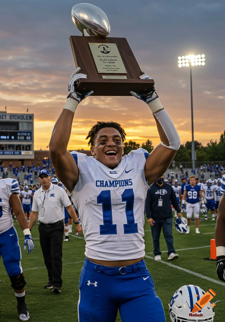 A high school football player in a white and blue uniform joyfully ...