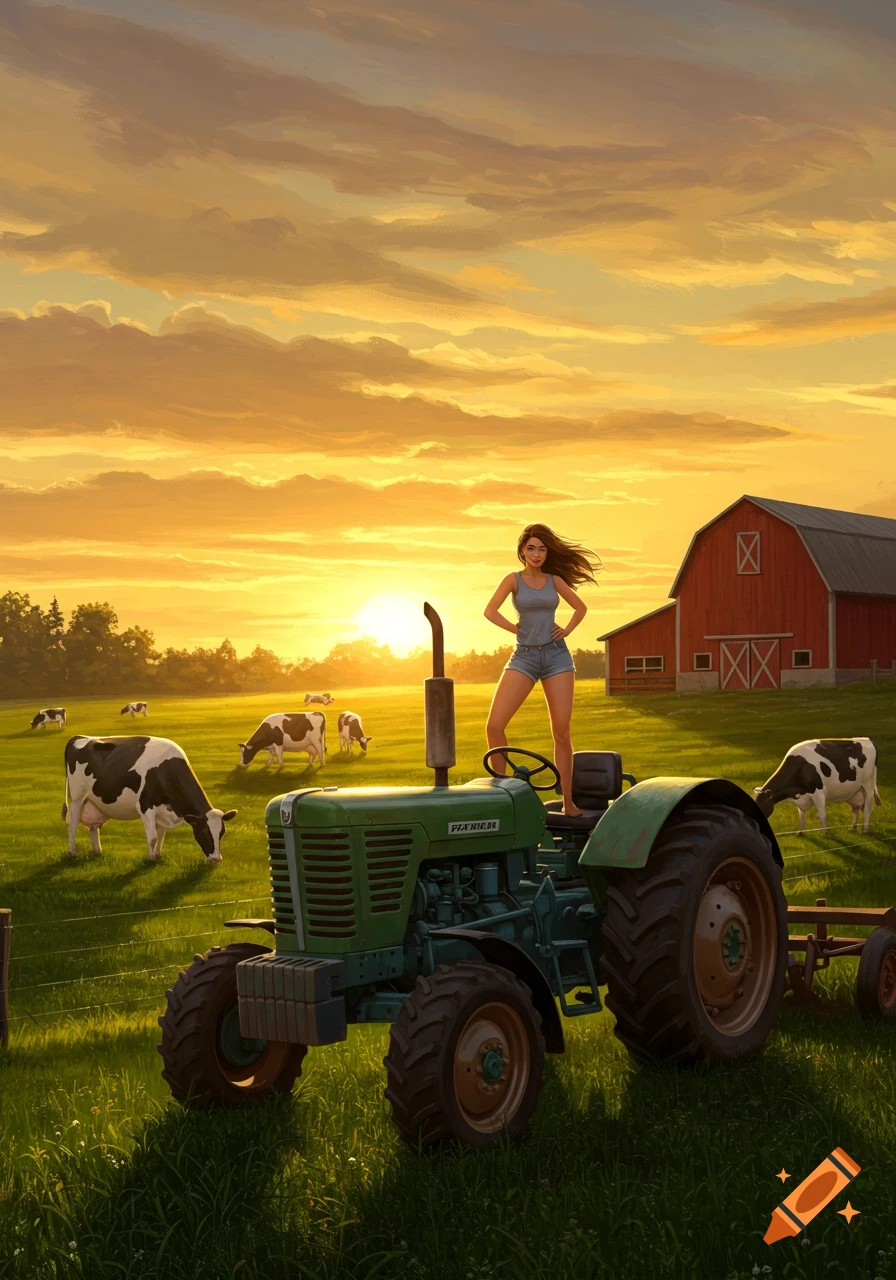 A young woman stands on a green tractor in a grassy field with cows at ...