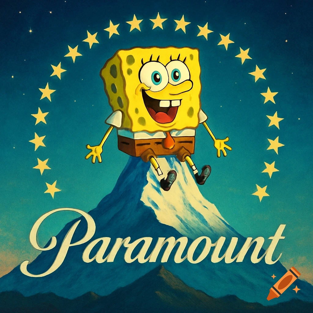 Cartoon Spongebob SquarePants sits on the Paramount mountain with the ...