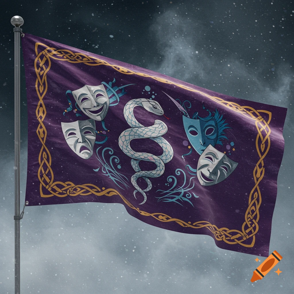 A purple flag with a gold Celtic knot border waves against a dark ...