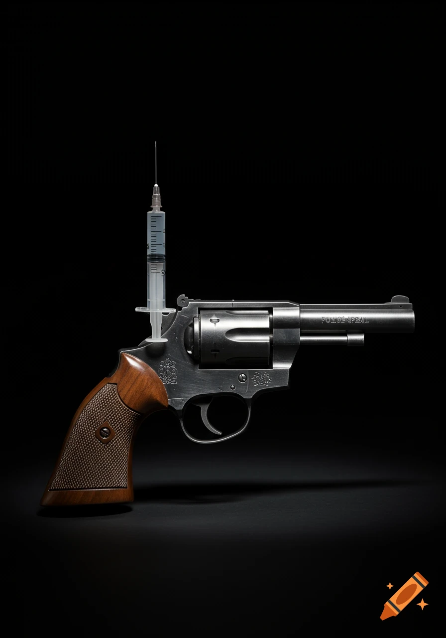 Photorealistic still life of a metallic revolver draped with a white ...