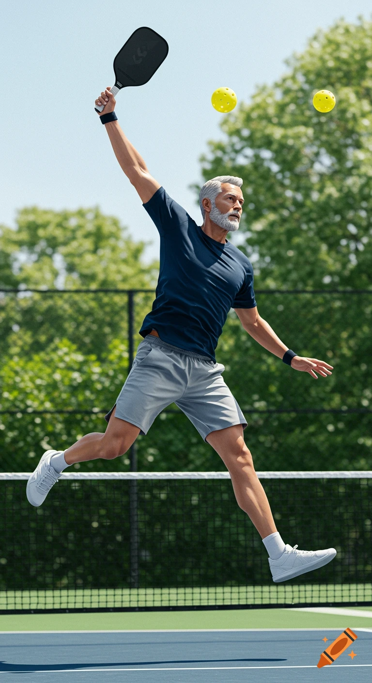 An athletic man jumps mid-air to hit a pickleball with his paddle on an ...