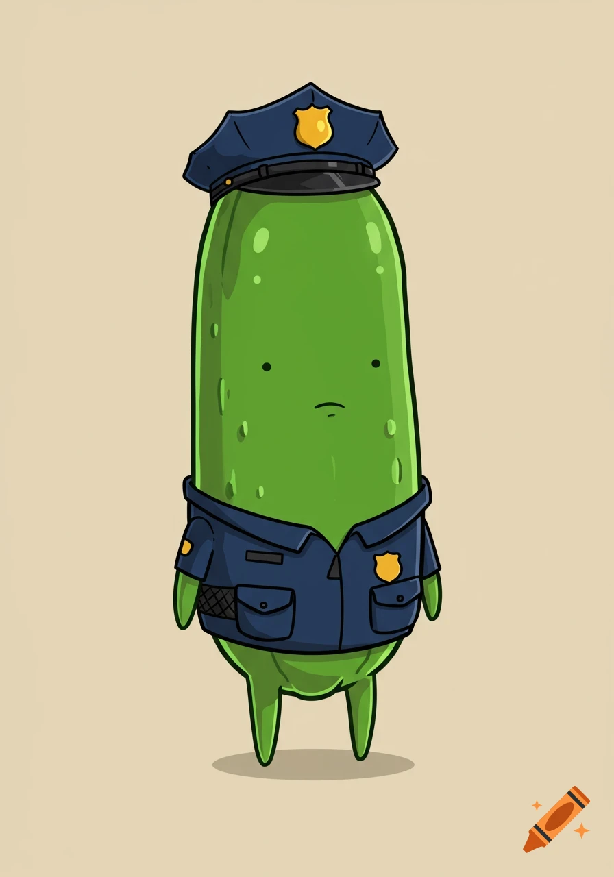 A 2D cartoon illustration of a pickle character wearing a navy blue ...