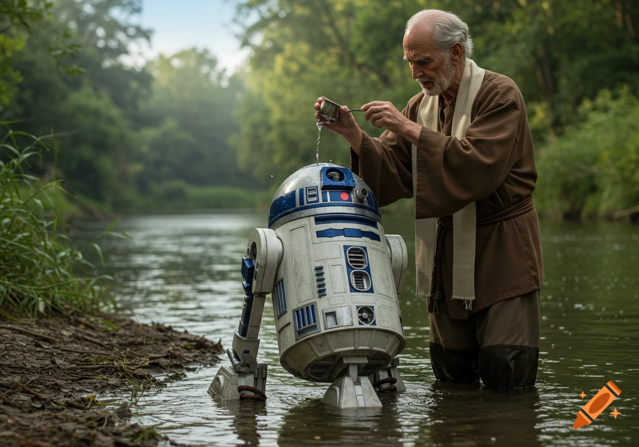 An old man in robes pours water over R2-D2 as they stand in a river ...