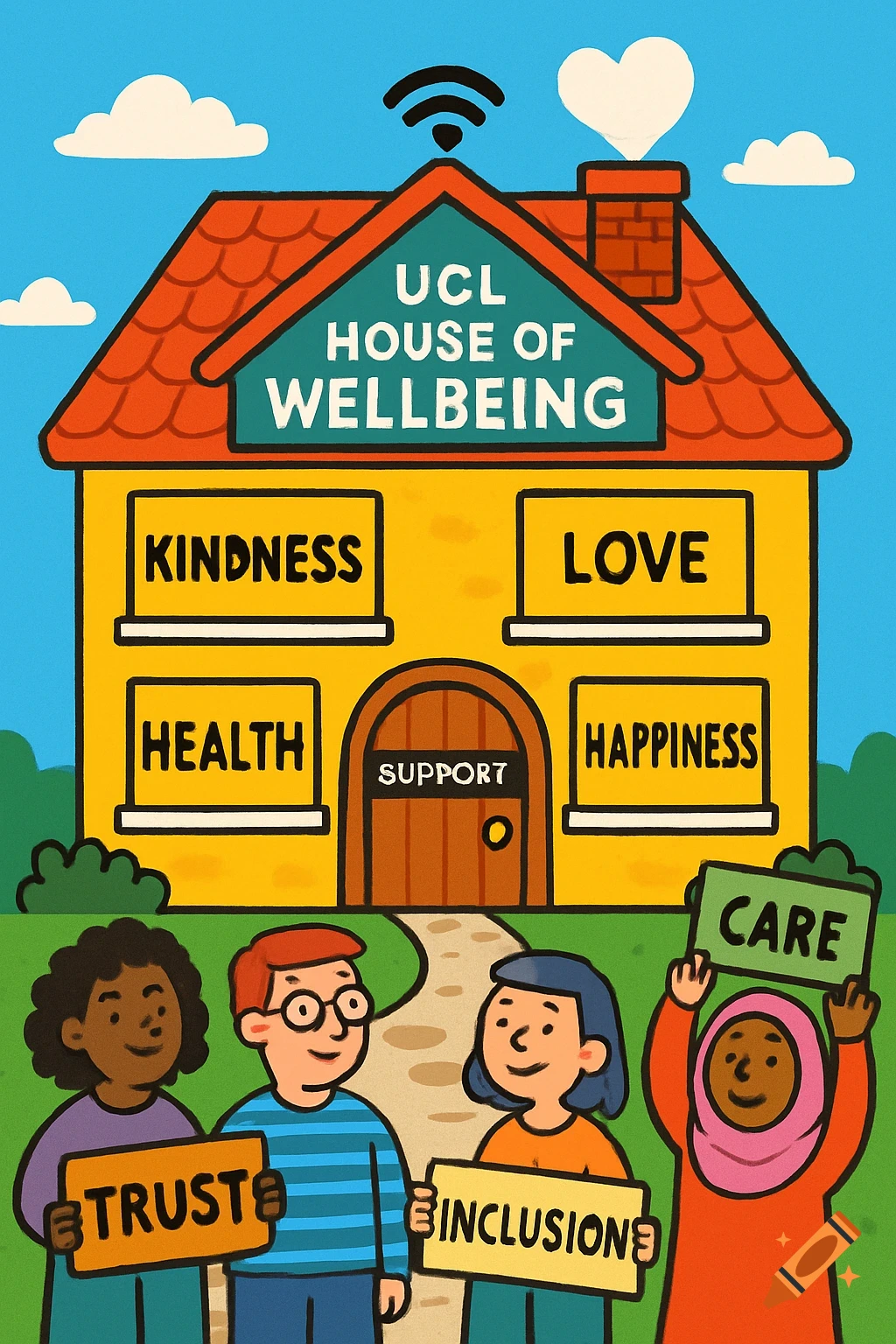 A colorful cartoon house labeled "UCL House of Wellbeing" with diverse ...