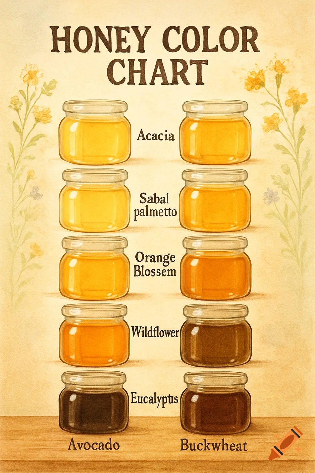 A watercolor style color palette featuring fifteen rectangular swatches ...