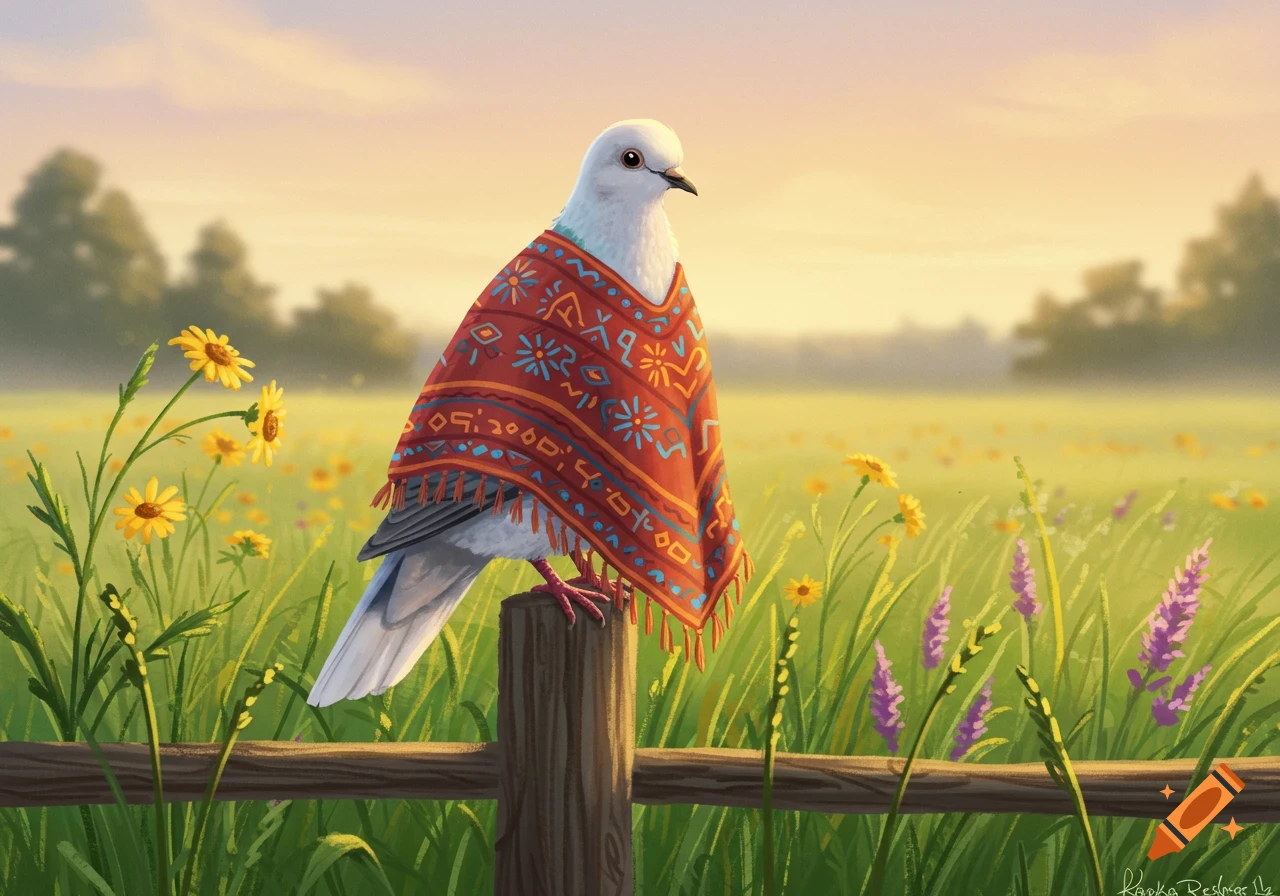 A white dove wearing a red and orange patterned poncho stands on a ...