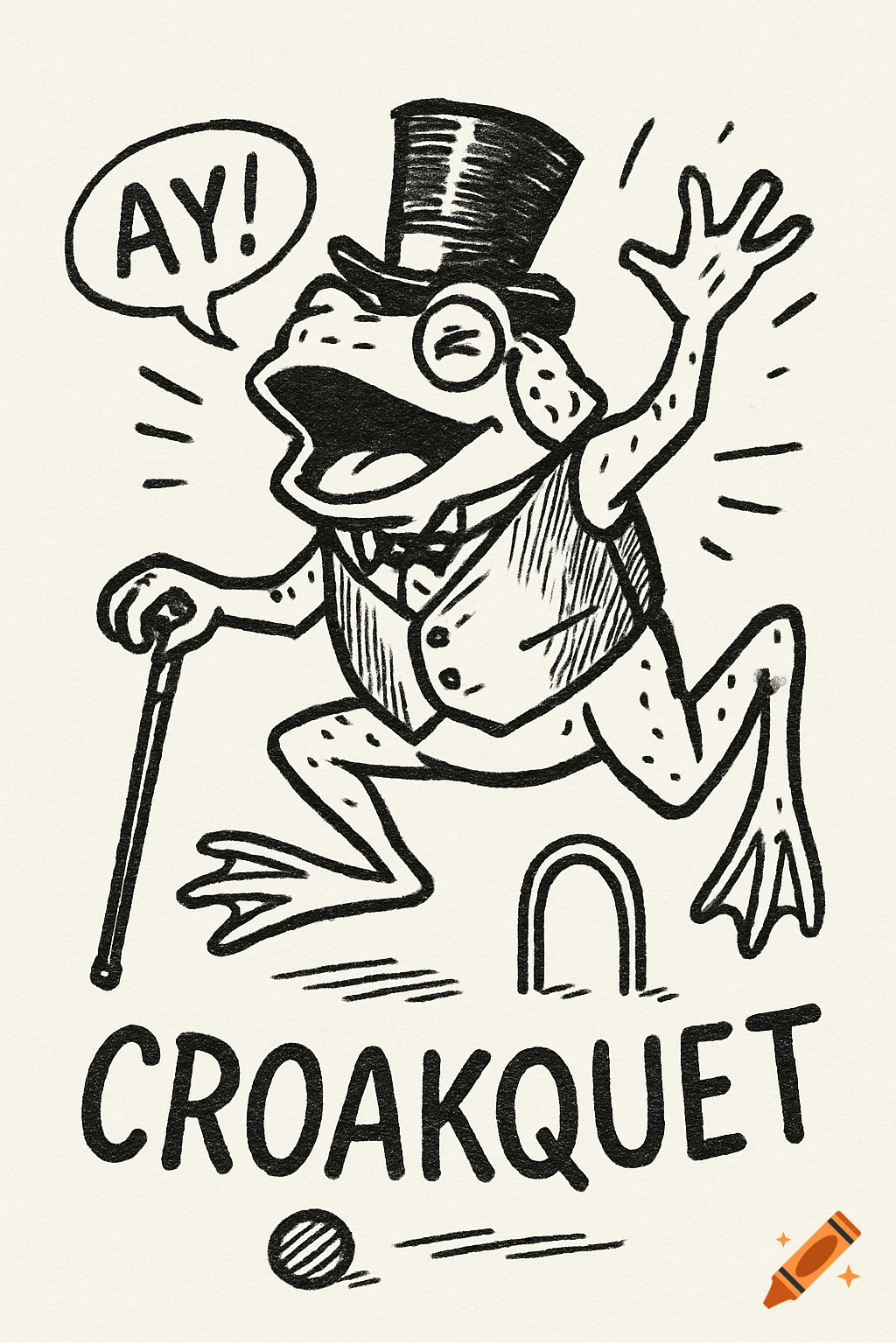 Black and white sketch of a dapper frog playing croquet with a top hat ...