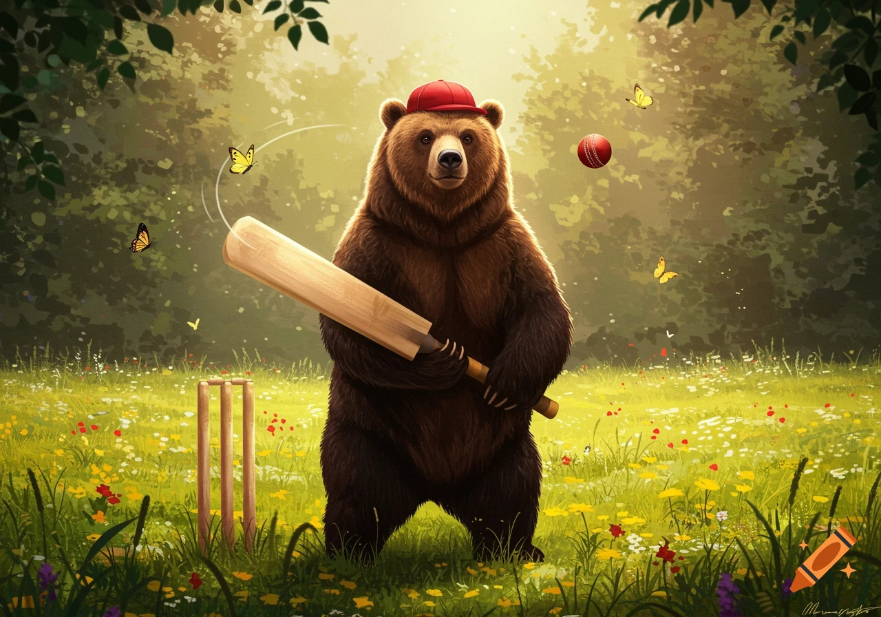 A cartoon bear wearing a red cap holds a cricket bat in a grassy field ...