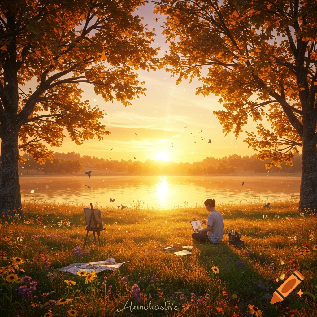 An artist paints by a shimmering lake at sunset, surrounded by golden ...