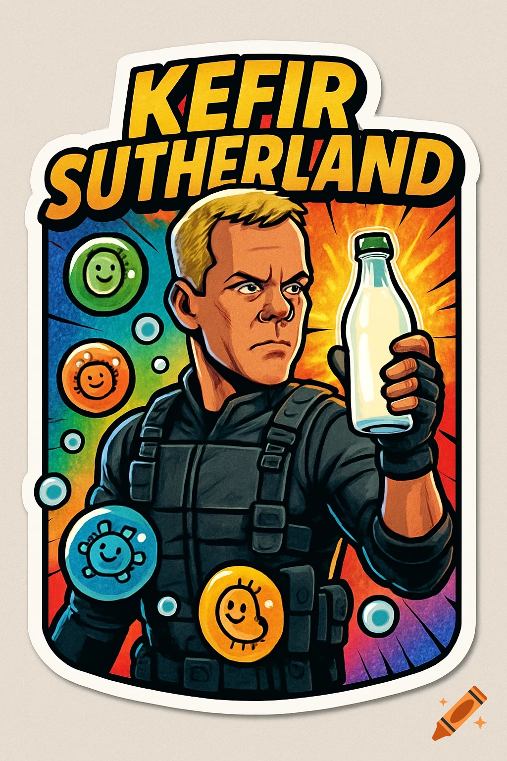 A comic book-style sticker of a man resembling Kiefer Sutherland, in ...