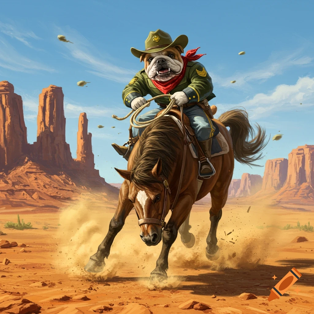 A cowboy rides a giant turkey through a dusty desert landscape with ...