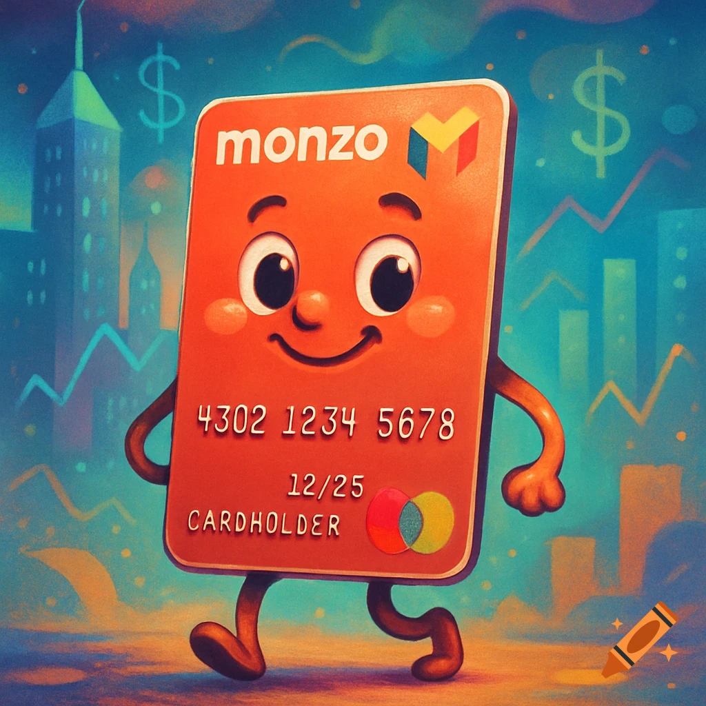 A cartoon Monzo bank card with a cheerful face, arms, and legs, walking ...